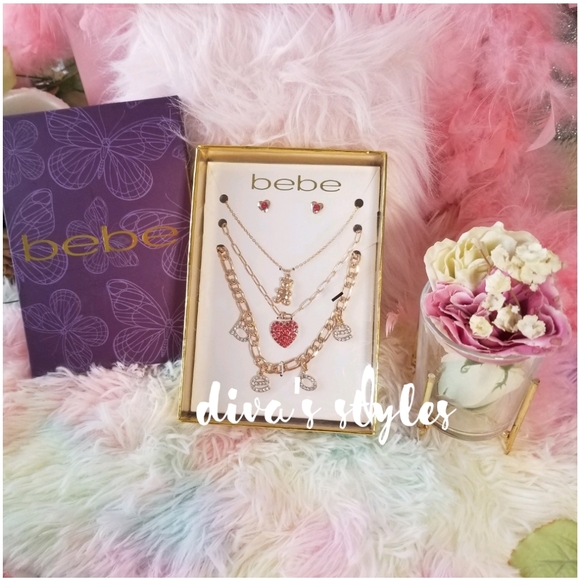 bebe | Jewelry | Bebe 4 Pcs Necklace Earrings Gift Set Gold Red Heart ...